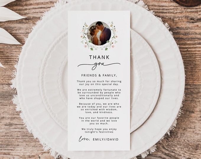 PRINTED Wedding Reception Thank You Card, Personalized Menu Printing ...