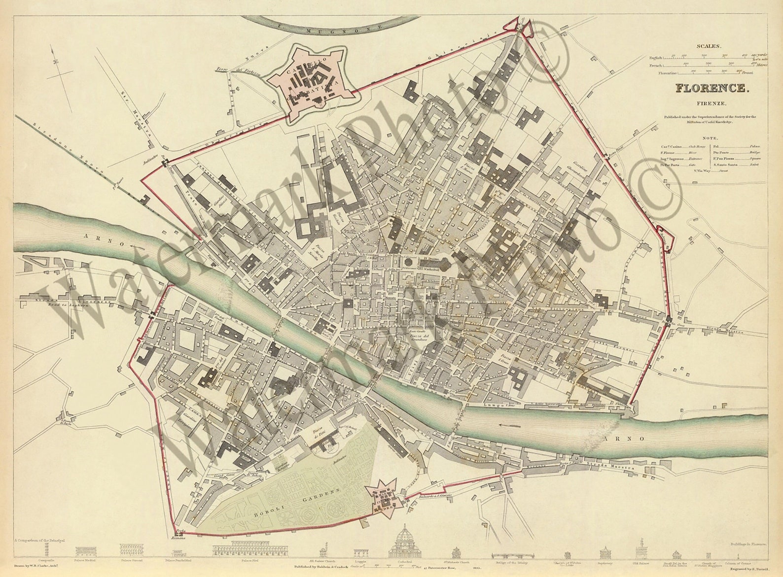 Florence Ancient Map – Tuscany, Italy. Dimensions 32” X 23” (81 Cm X 60 ...