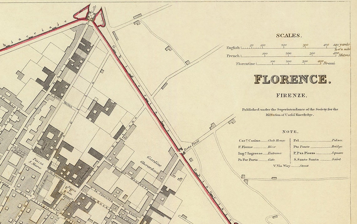 Florence Ancient Map – Tuscany, Italy. Dimensions 32” X 23” (81 Cm X 60 ...