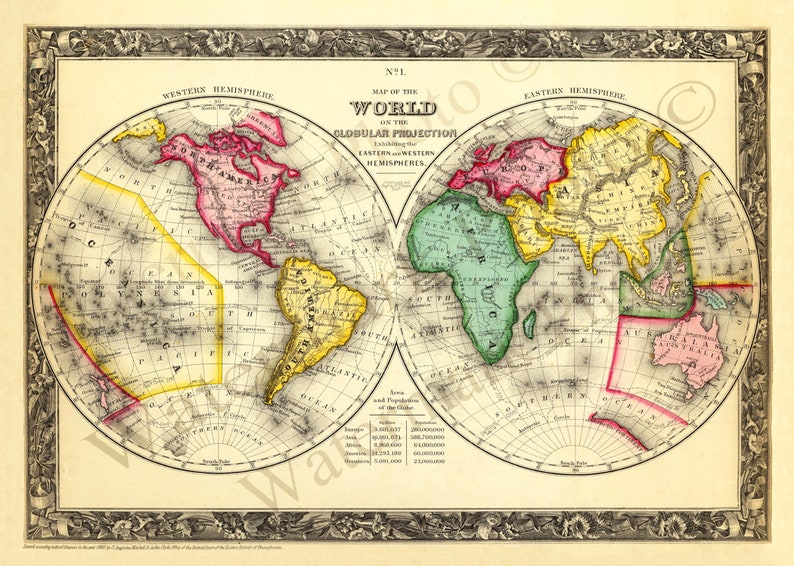 World Map – Antique Geographic Atlas With Two Hemispheres – Vintage Map ...
