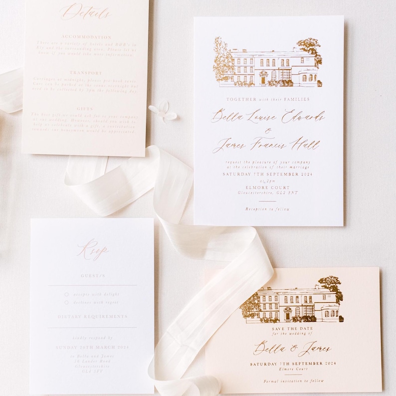 Gold Foil Wedding Invitation, Venue Illustration, Luxury Foil Invite - Etsy