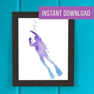 Purple Scuba Diver Watercolor Print - Ocean Printable - Instant Digital ...
