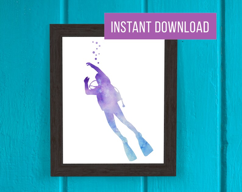 Purple Scuba Diver Watercolor Print - Ocean Printable - Instant Digital ...