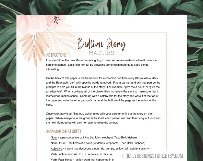 Baby Shower Mad Libs - Bed Time Story Madlibs - Boho - Pink Brown ...