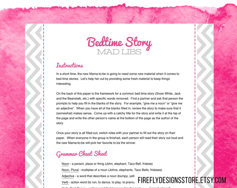 Baby Shower Mad Libs - Bed Time Story Mad Libs - Unique Baby Shower ...