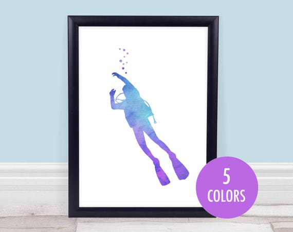Scuba Diver Watercolor Print Ocean Watercolor Physical | Etsy
