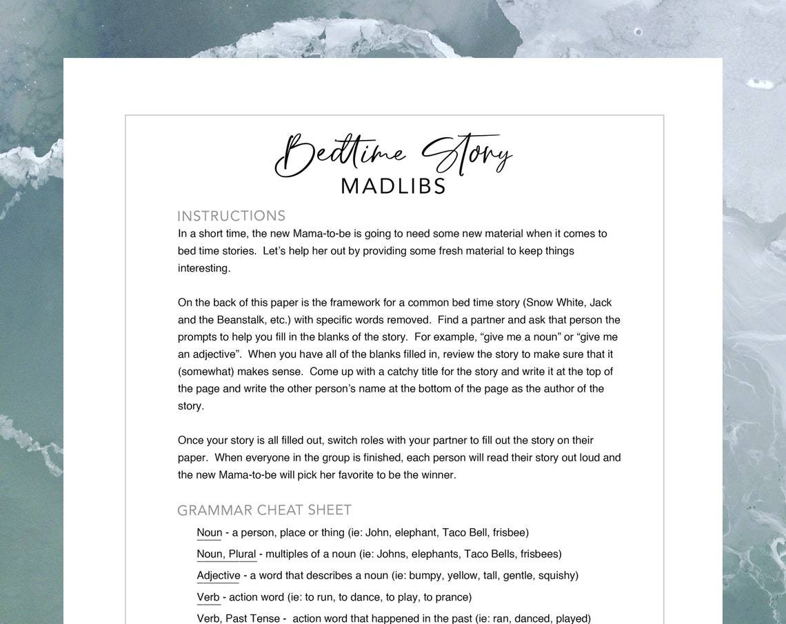 Baby Shower Mad Libs - Bed Time Story Madlib - Minamialist - Modern ...