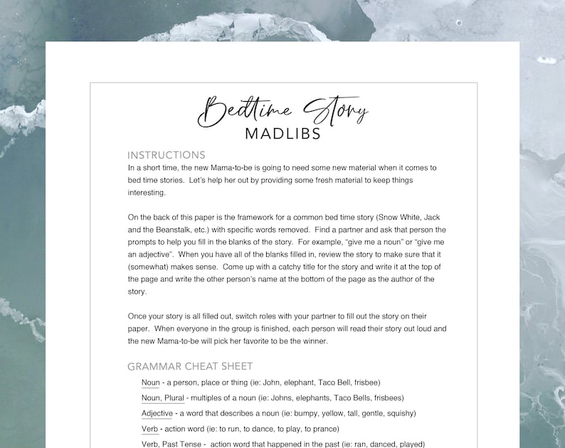 Baby Shower Mad Libs - Bed Time Story Madlib - Minamialist - Modern ...