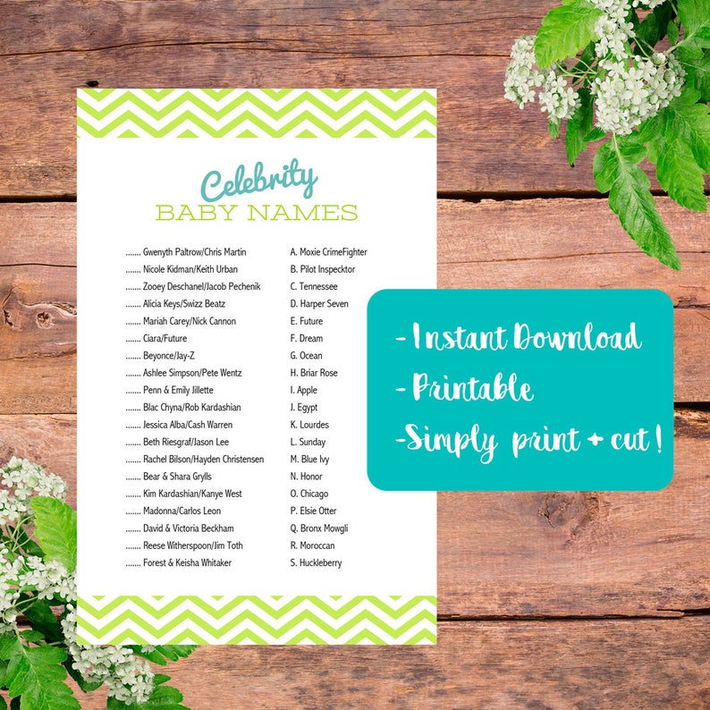 Blue Green - Celebrity Baby Names - Baby Shower Game Activity - Lime ...