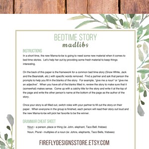 Bed Time Story Mad Libs - Baby Shower Madlib - Unique Activity - Green ...