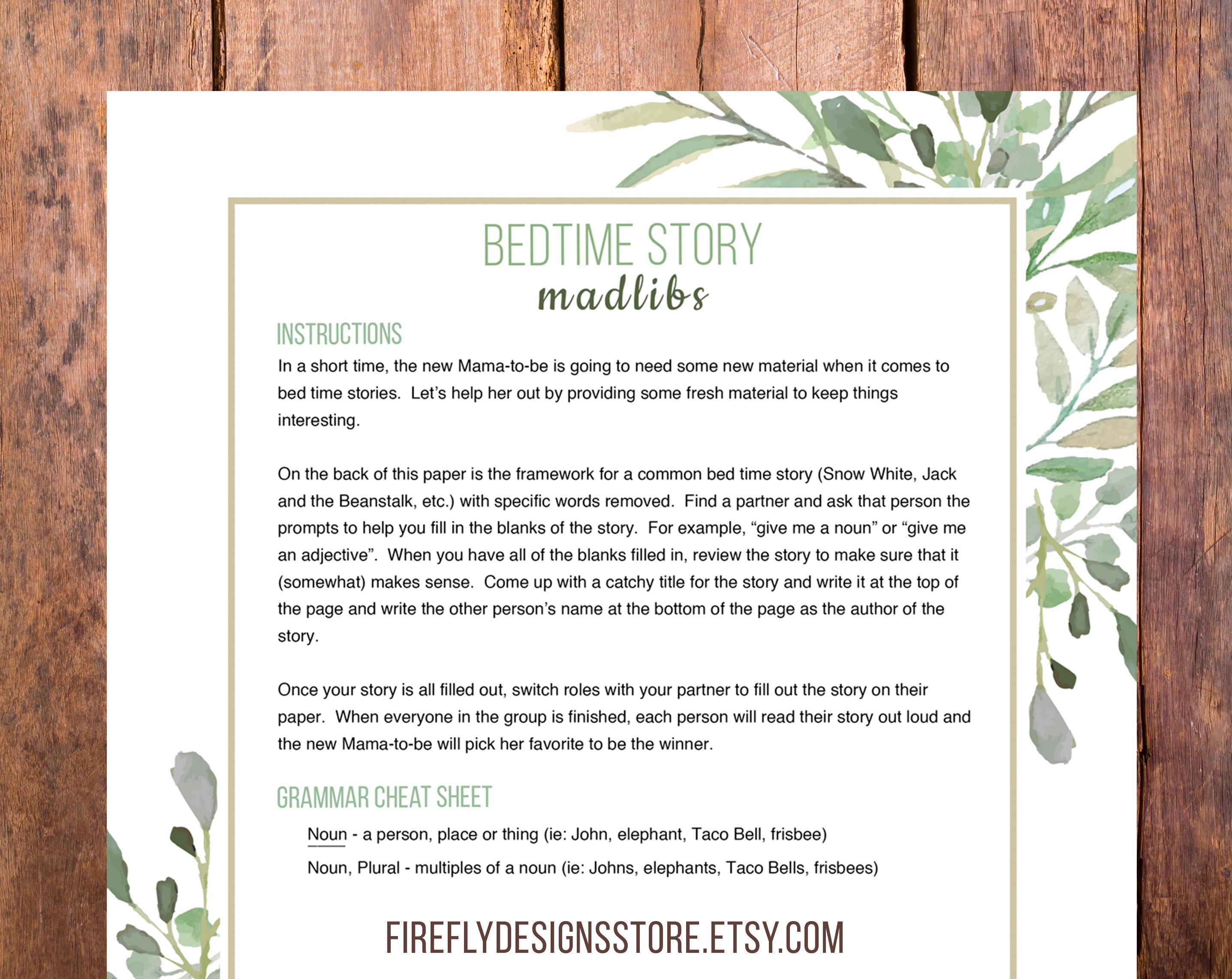 Bed Time Story Mad Libs - Baby Shower Madlib - Unique Activity - Green ...