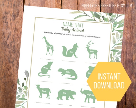 Name That Baby Animal Baby Shower Game Activity Green Gold | Etsy
