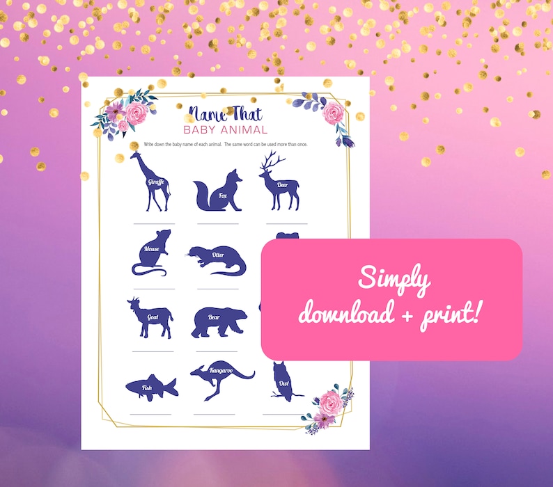 Name That Baby Animal - Baby Shower Game - Pink Purple Gold Baby Shower ...