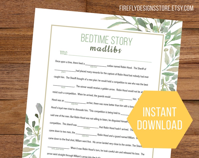 Bed Time Story Mad Libs - Baby Shower Madlib - Unique Activity - Green ...