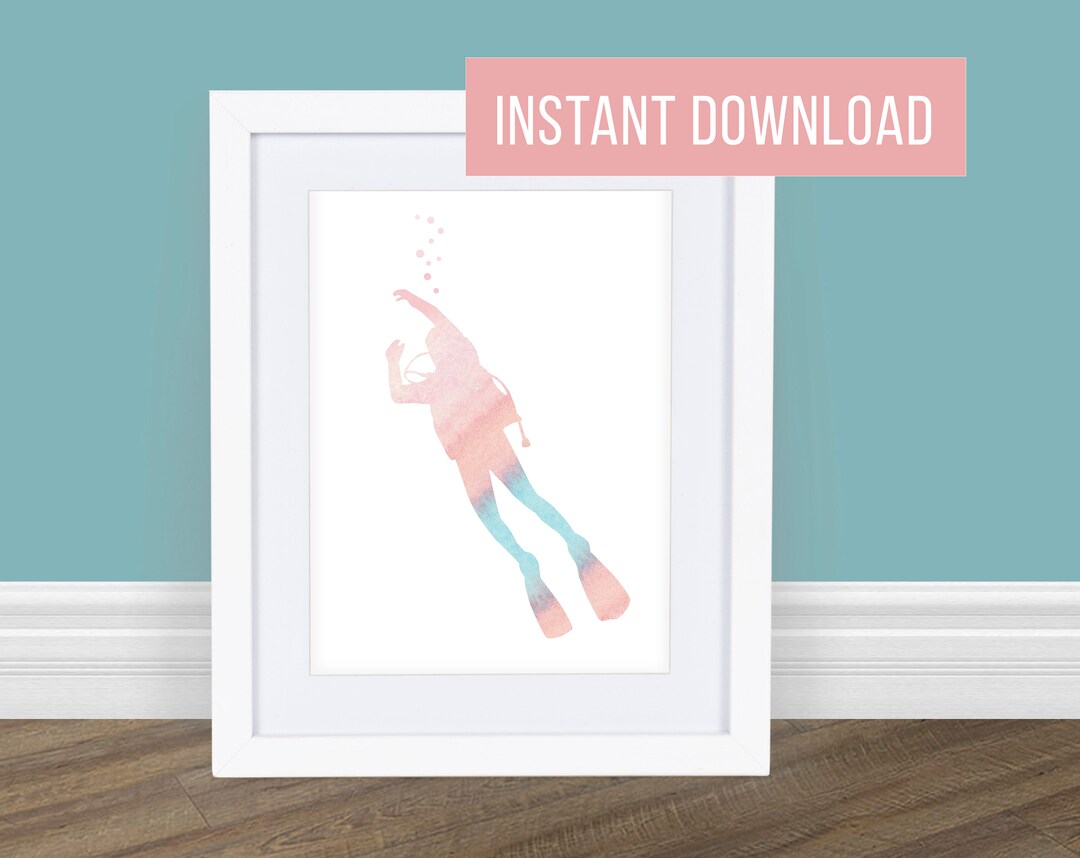 Pink Scuba Diver Watercolor Print - Ocean Printable - Instant Digital ...