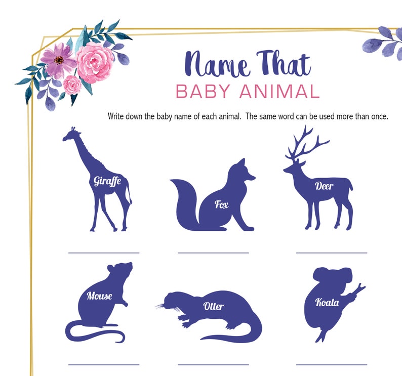 Name That Baby Animal - Baby Shower Game - Pink Purple Gold Baby Shower ...