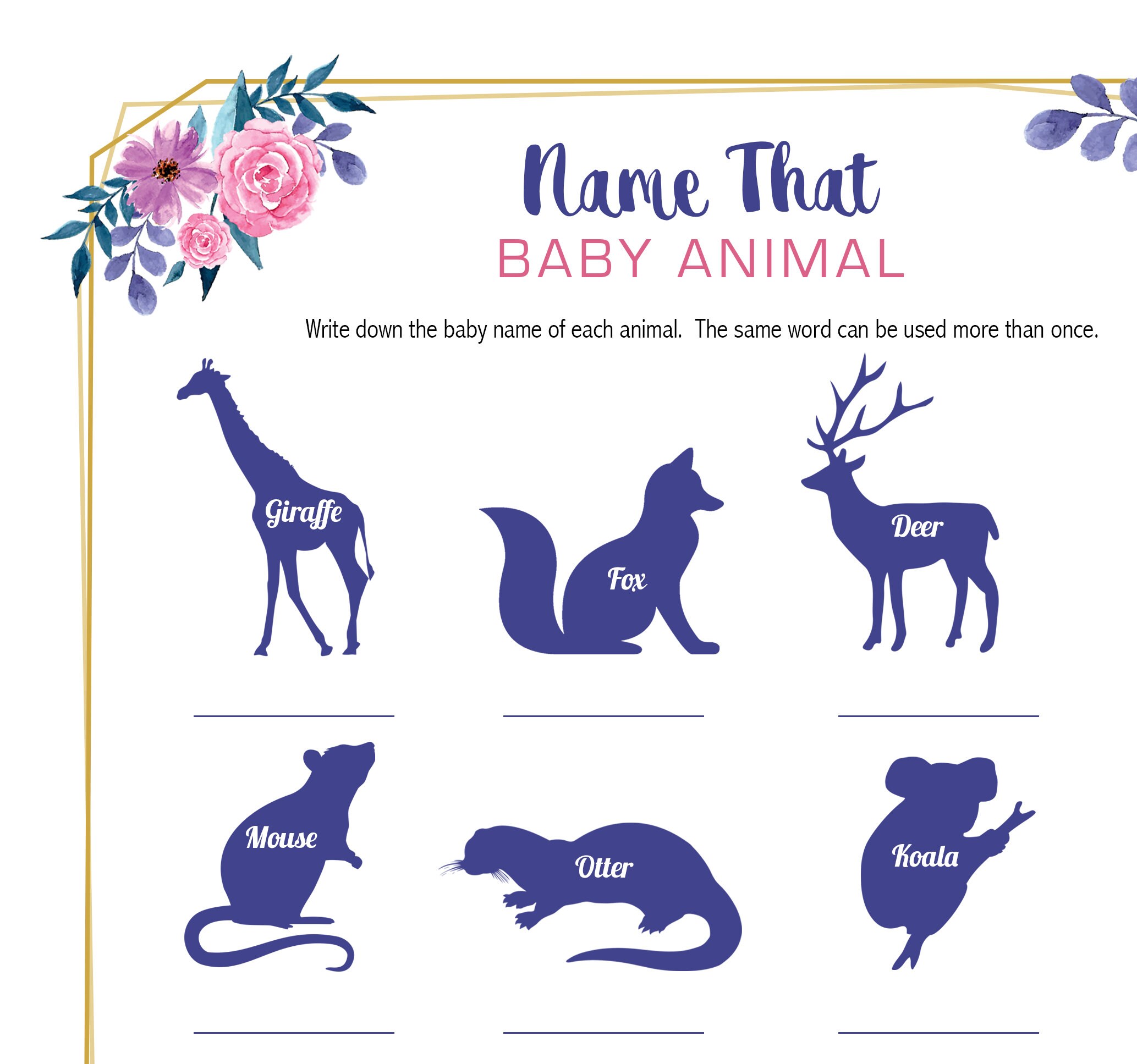 Name That Baby Animal - Baby Shower Game - Pink Purple Gold Baby Shower ...
