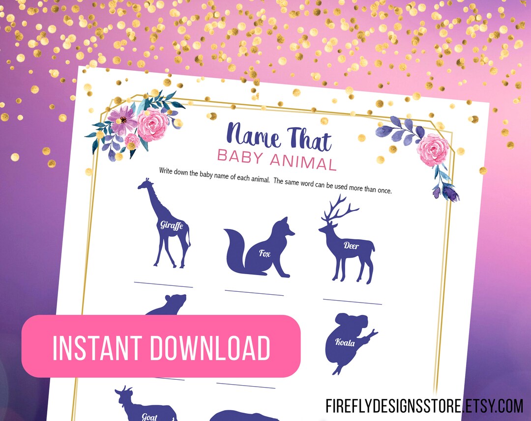 Name That Baby Animal - Baby Shower Game - Pink Purple Gold Baby Shower ...