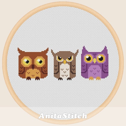 Cute Owls Cross Stitch Pattern Little Colorful Owls | Etsy
