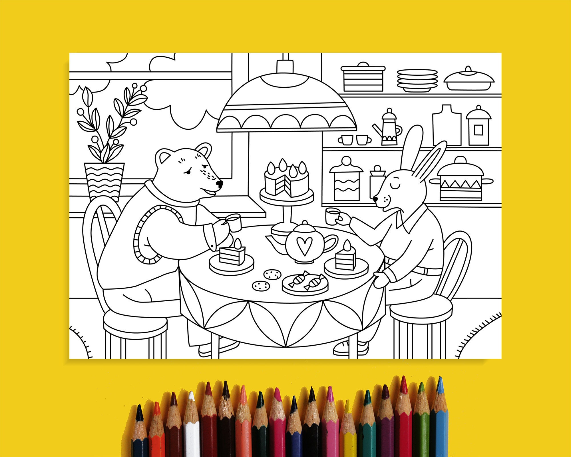 Bear and Bunny Tea Party Coloring Page, Kids Animal Coloring (digital ...