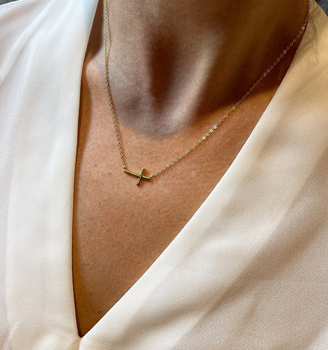Slanted Sideways Cross Necklaces, 18k Rose or Yellow Gold Vermeil on ...