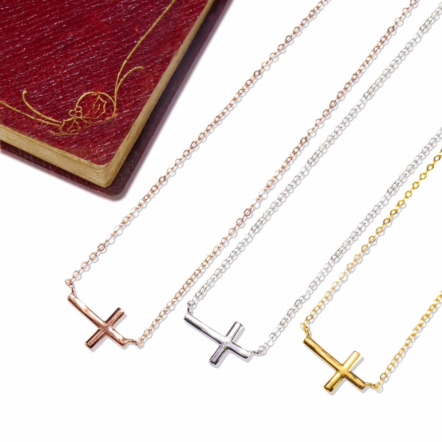 Slanted Sideways Cross Necklaces 18k Rose or Yellow Gold - Etsy UK