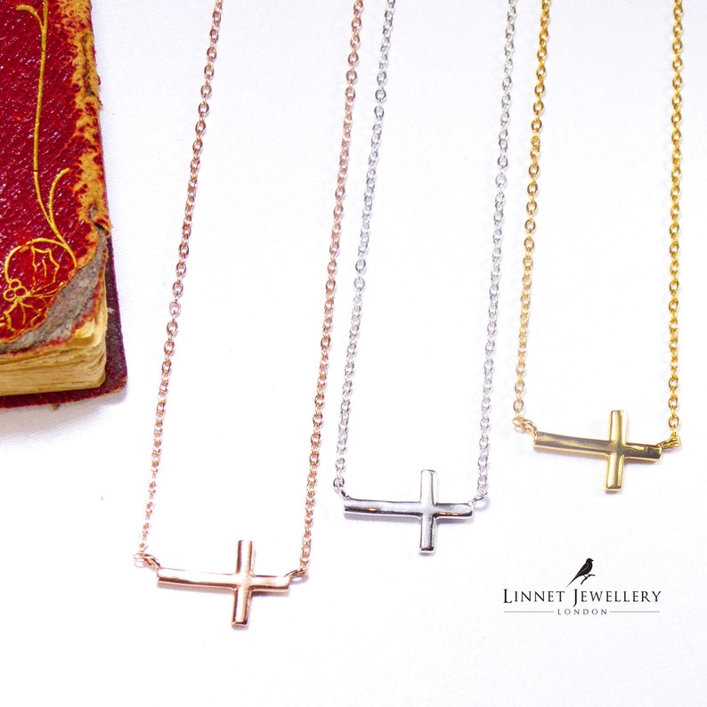 Plain Slanted Sideways Cross Necklace 18k Rose Yellow Gold | Etsy