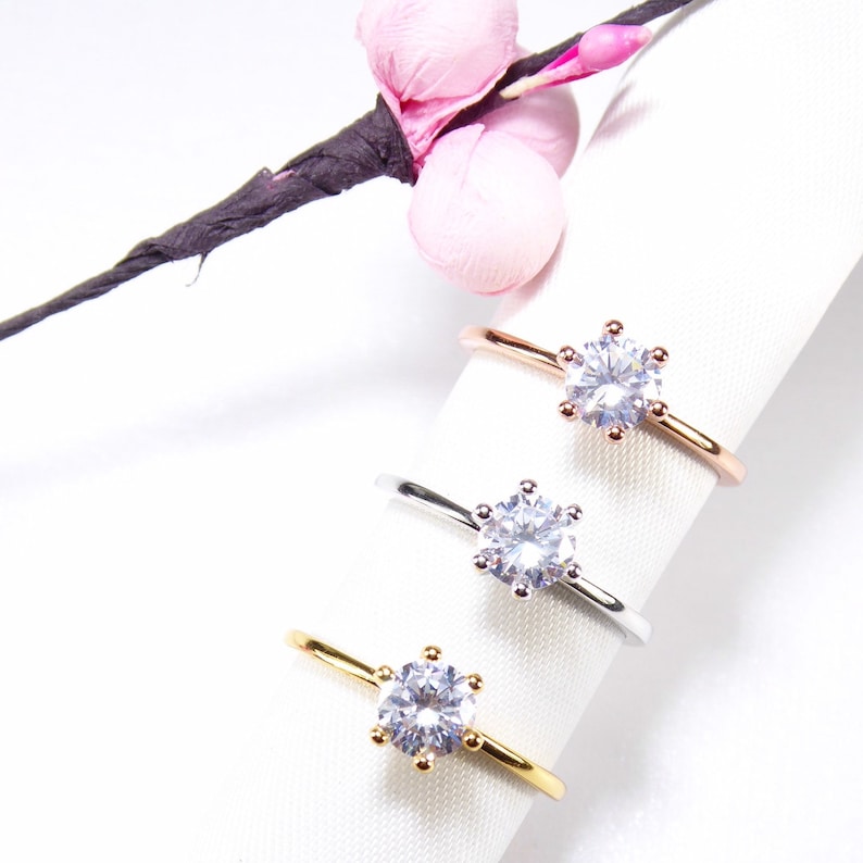 Single Stone Solitaire Rings, 1.0ct Cz Stone, Rose Yellow Gold Vermeil ...