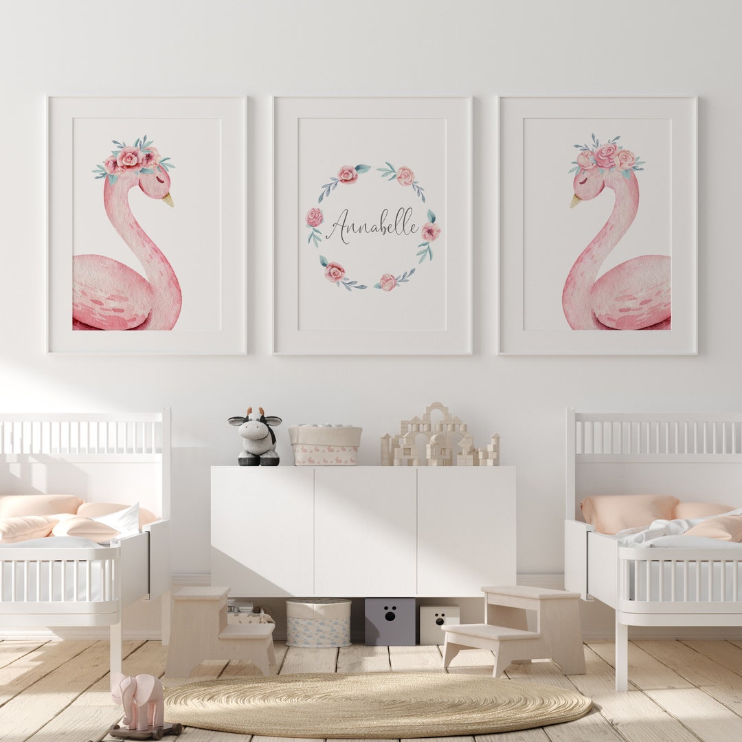 Nursery Prints, Nursery Wall Art, Girl, Pink, Floral, Swan Nursery ...