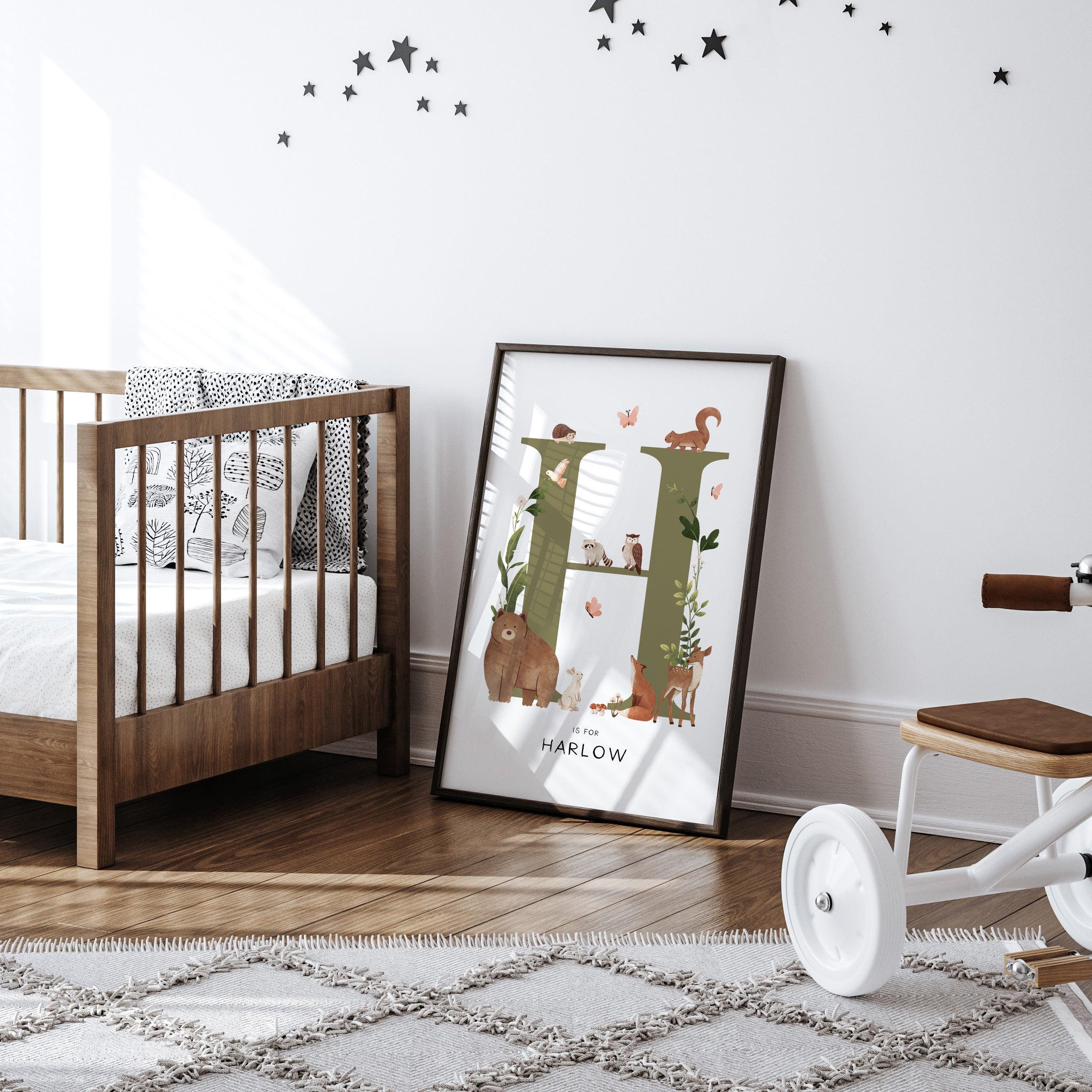 Woodland Animal Initial Name Print, Personalised Nursery Print, Nursery ...