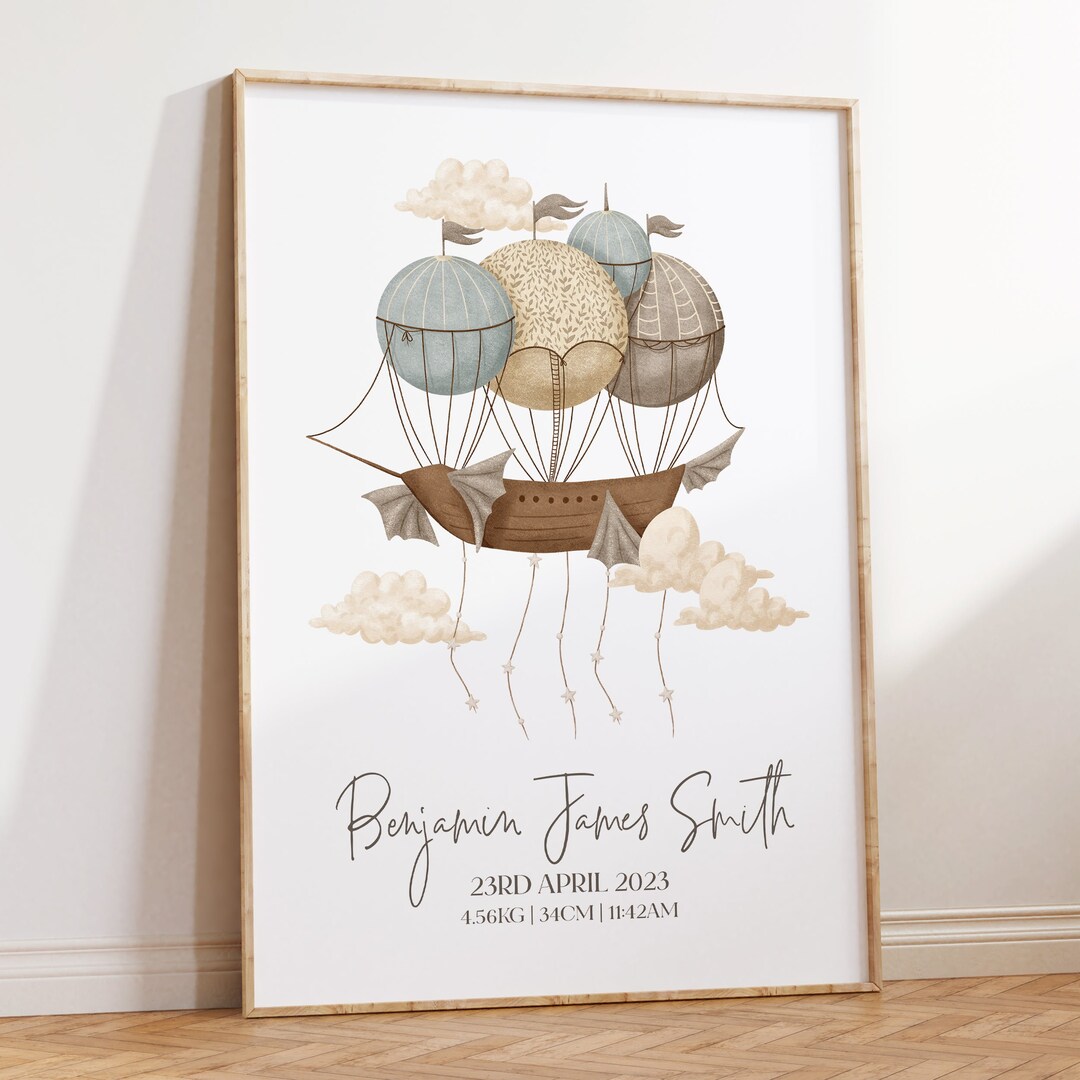 Hot Air Balloon Ship Birth Print, Boys Nursery Wall Art, Baby Birth ...