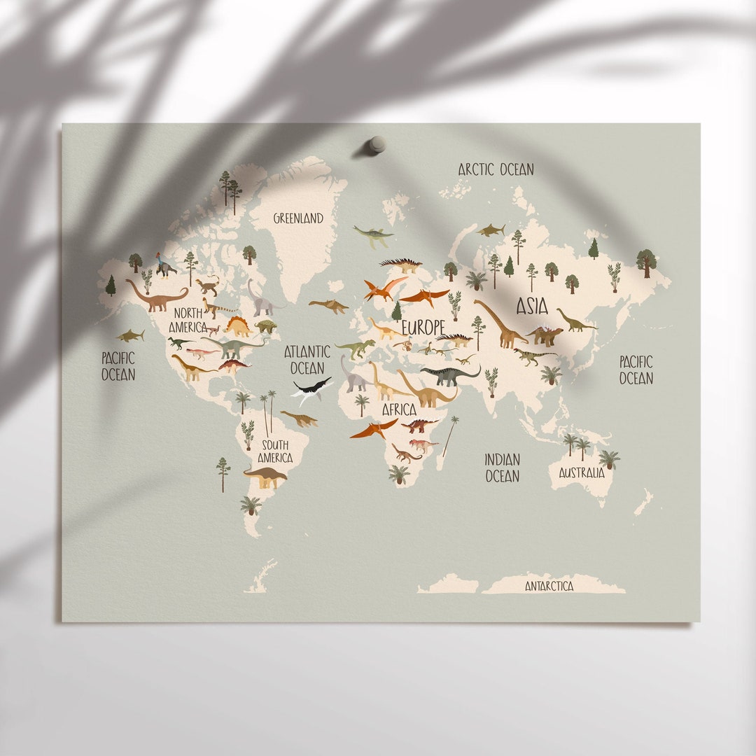 Dinosaur World Map Print, Nursery Print, Nursery Wall Art, Dinosaur ...