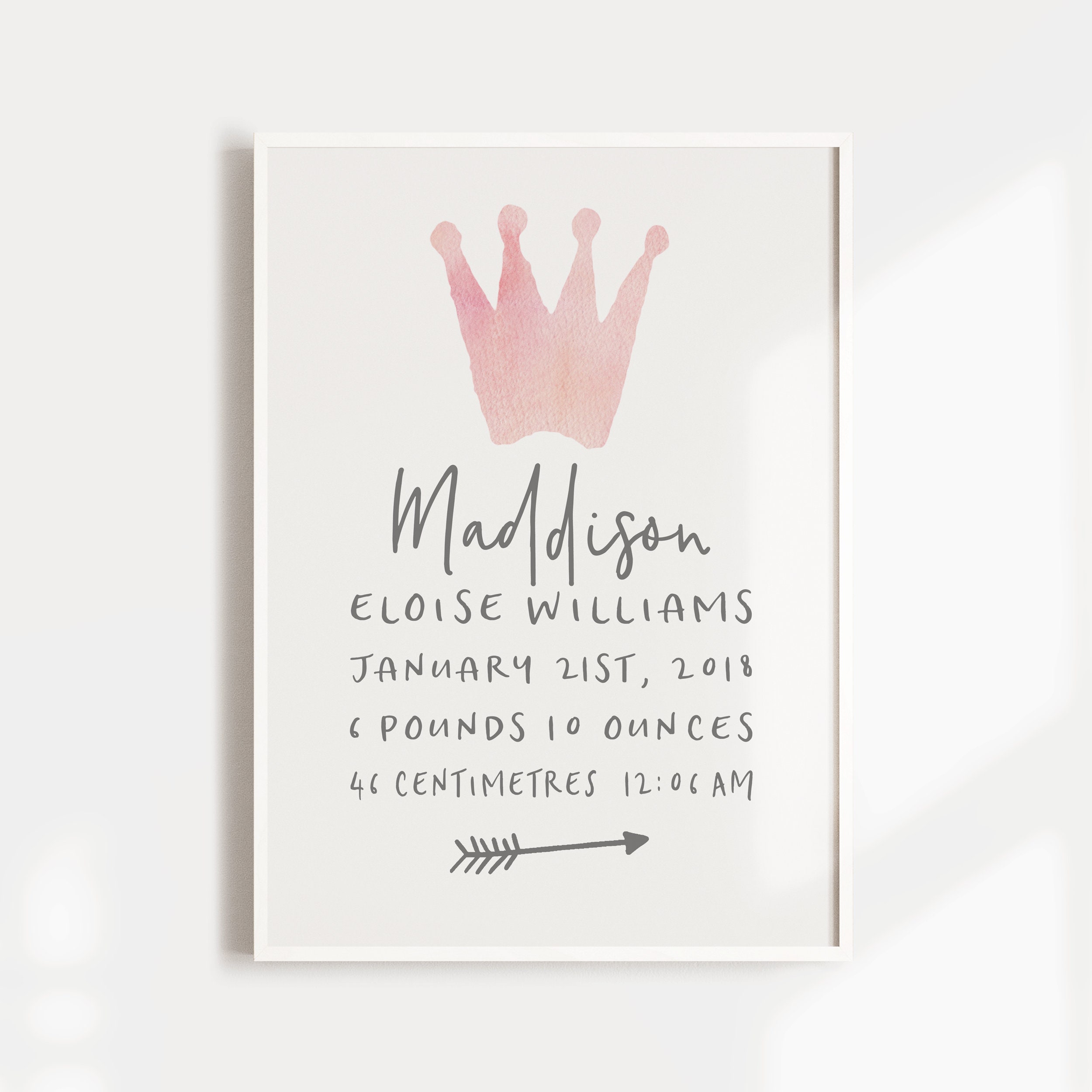 Girls Nursery Wall Art Print, Pink Crown Name and Birth Details Print ...