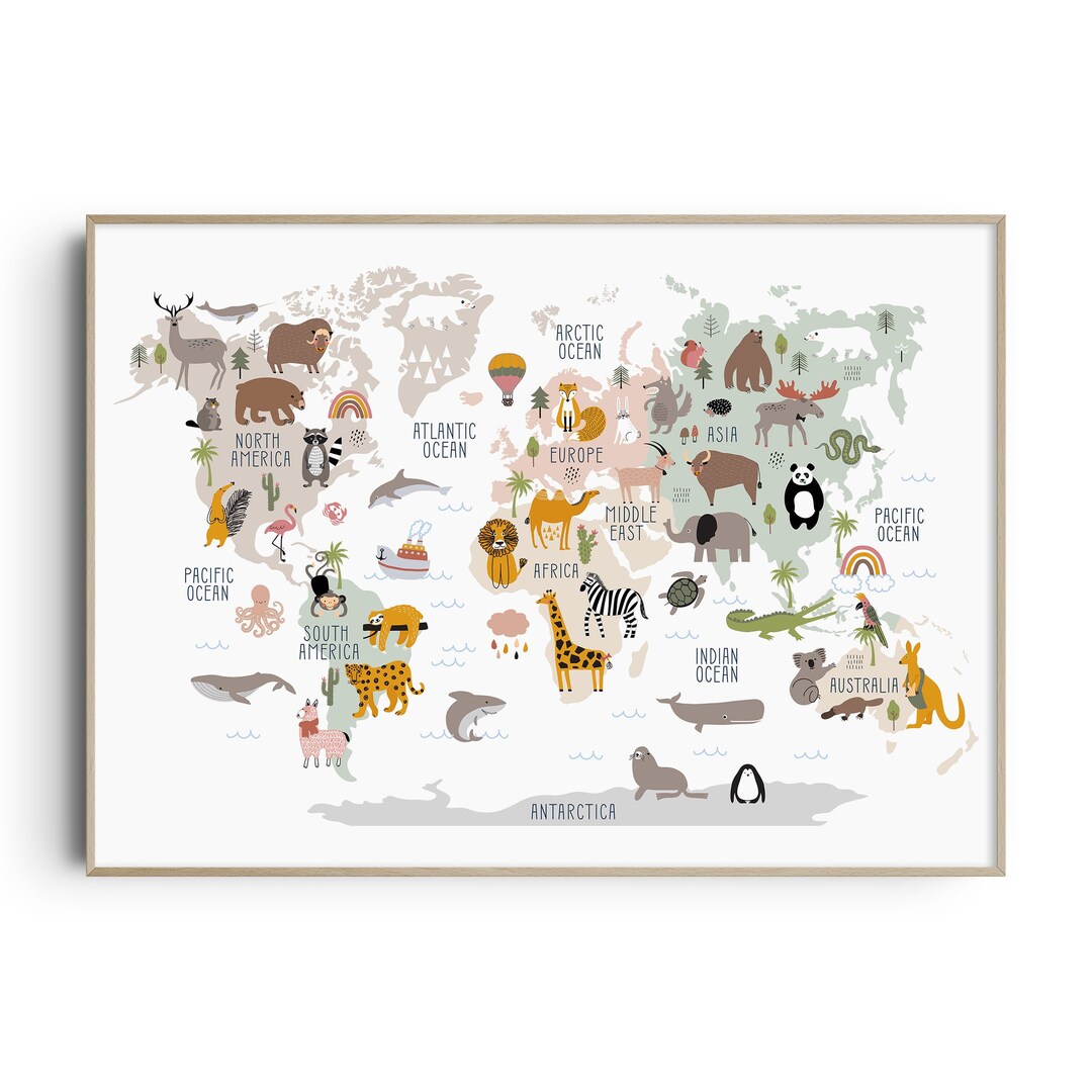 Nursery Print, World Map Animal Print, Safari Nursery Wall Art, Safari ...