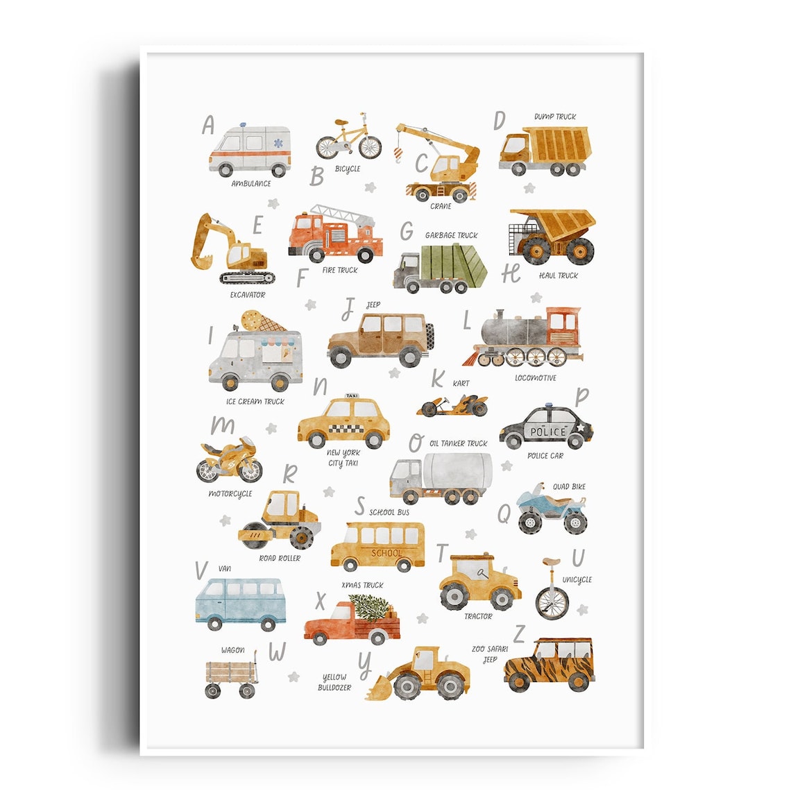 Vehicle Nursery Print, Construction Alphabet Poster, ABC Cars Print ...