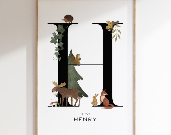 Woodland Animal Initial Name Print, Personalised Nursery Print, Nursery ...
