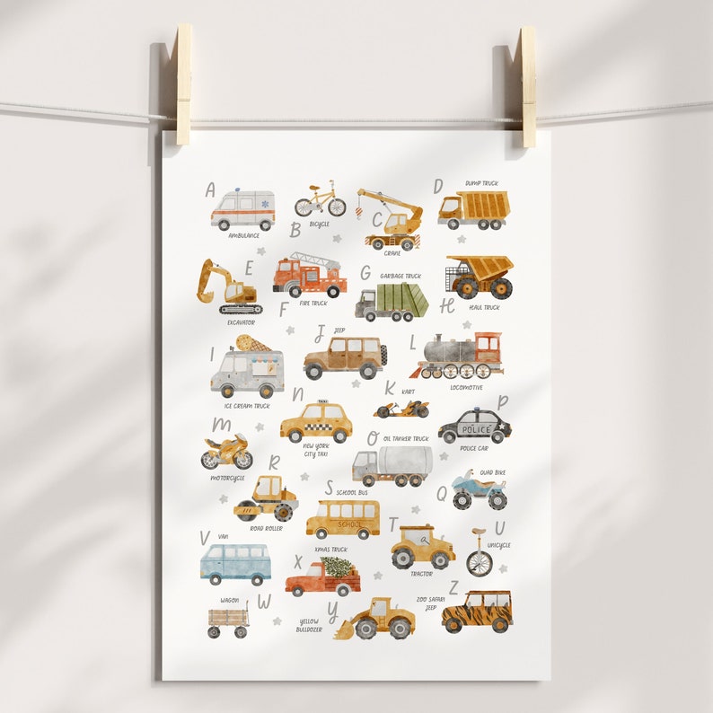 Vehicle Nursery Print, Construction Alphabet Poster, ABC Cars Print ...