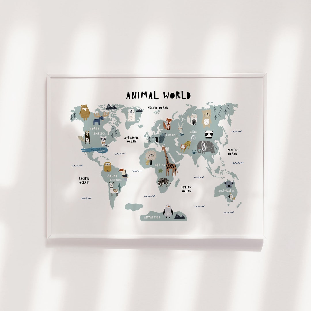 World Animal Map, Nursery Print, Animal Map, World Map Poster, Kids ...
