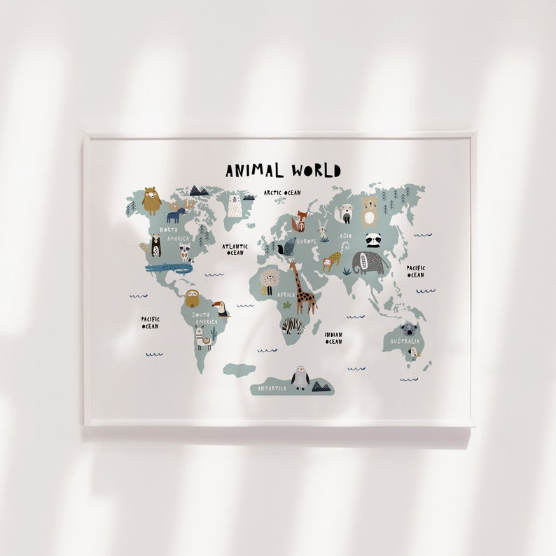 World Animal Map, Nursery Print, Animal Map, World Map Poster, Kids ...