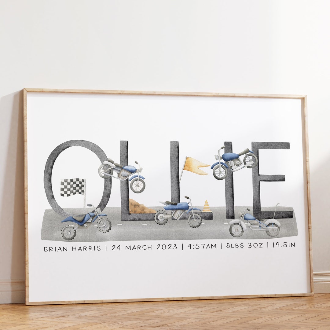 Custom Baby Name Print, Motorbike Nursery Name Sign, Boys Wall Art, New ...