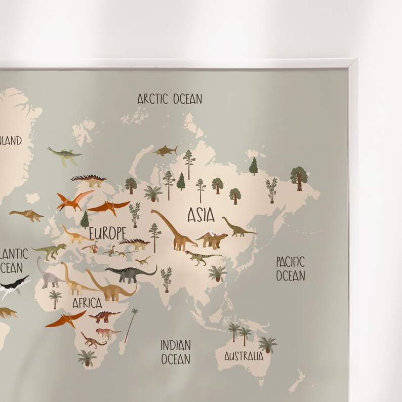 Dinosaur World Map Print, Nursery Print, Nursery Wall Art, Dinosaur ...