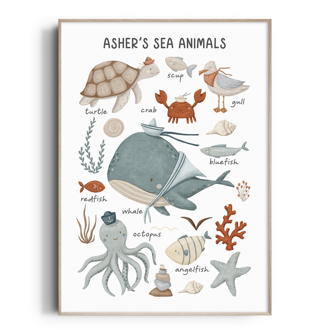 Sea Animals Print, Personalised Name Print, Ocean Nursery Wall Art, Sea ...