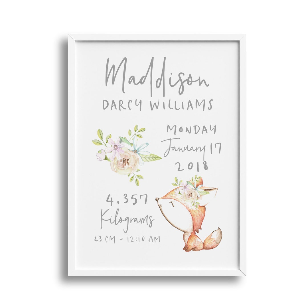 Boho Floral Woodland Fox Birth Print, Personalised, Nursery Wall Art ...