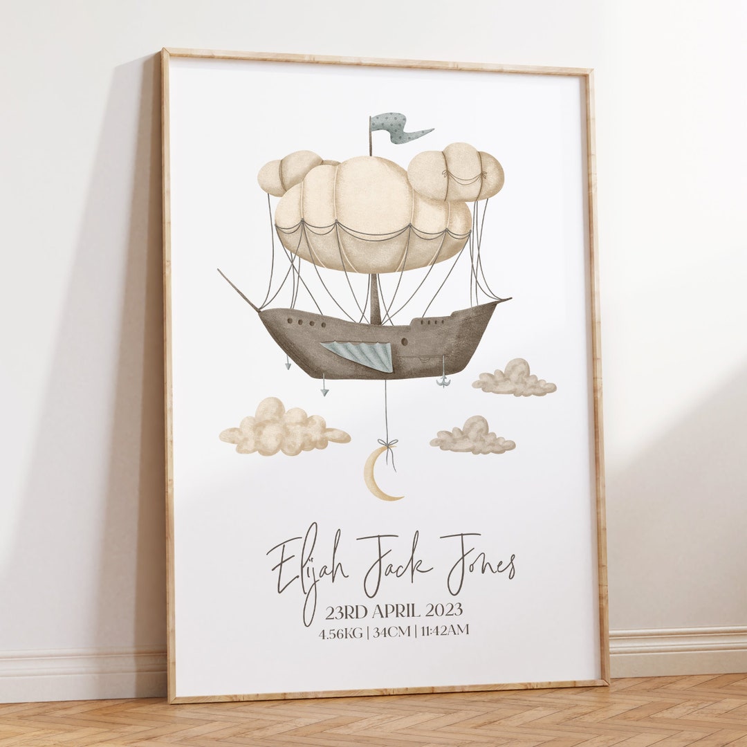 Ship Nursery Print, Nursery Wall Art, Vintage Ship Birth Print, Nursery ...