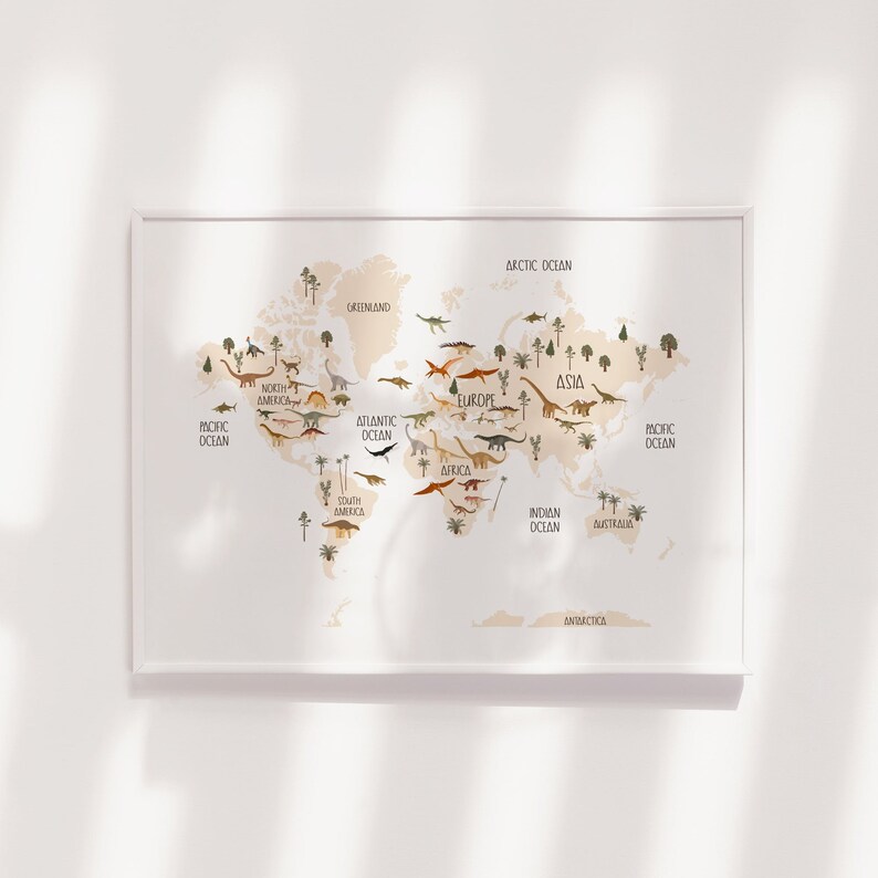 Dinosaur World Map Print, Nursery Print, Nursery Wall Art, Dinosaur ...