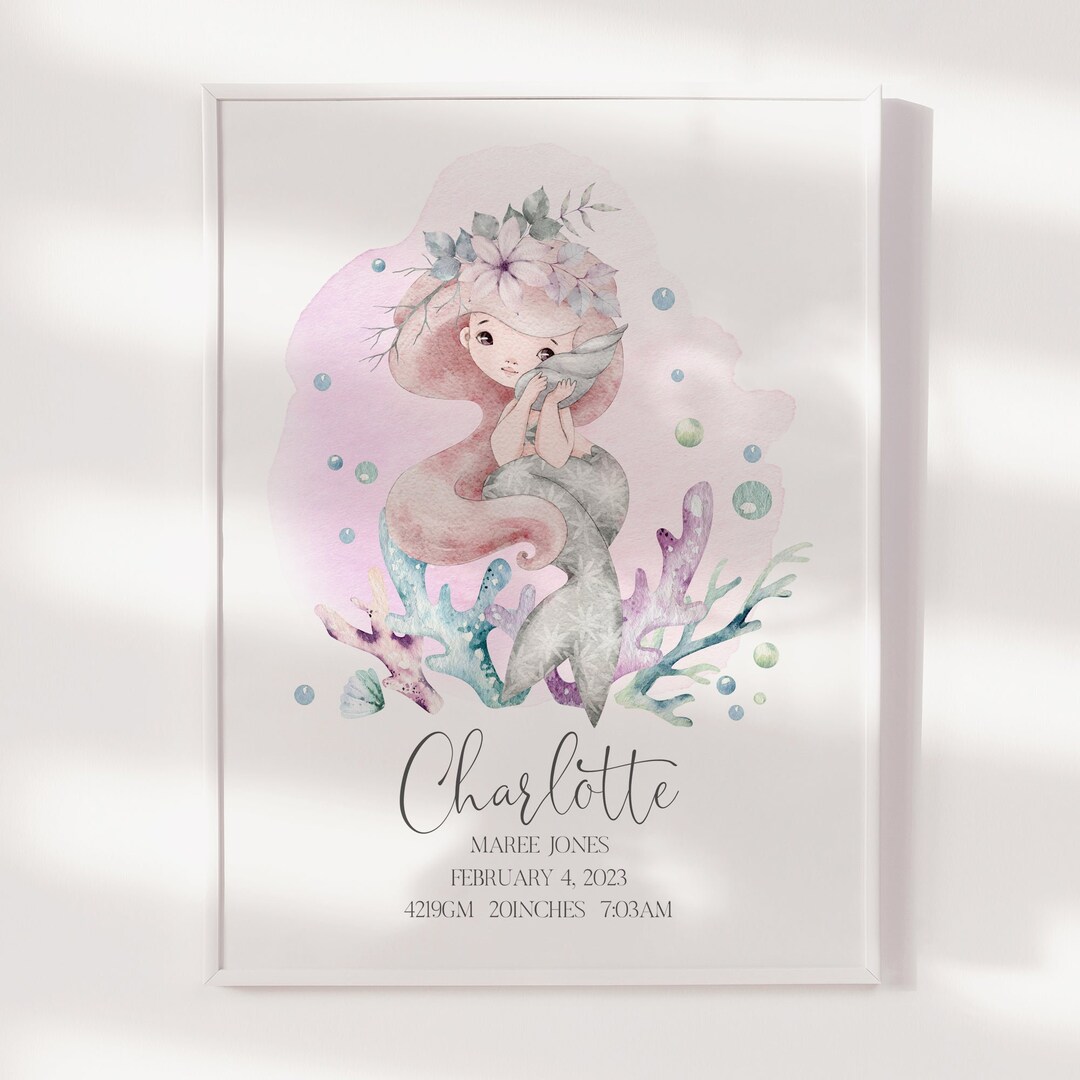 Mermaid Birth Print, Mermaid Nursery Wall Art, Mermaid Nursery Decor ...