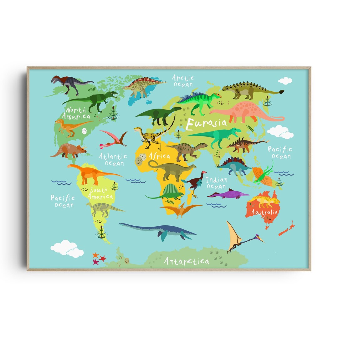 Nursery Print, Dinosaur World Map, Nursery Wall Art, Dinosaur World Map ...