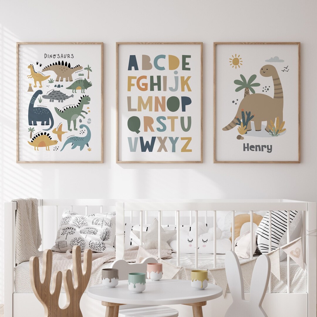 Dinosaur Prints, Set of 3, Personalised Name, Dinosaur Chart, Alphabet ...