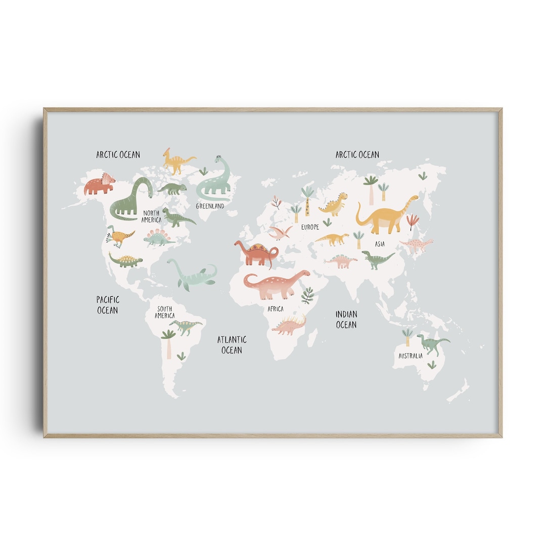 Dinosaur World Map Print, Nursery Wall Art, Dinosaur Wall Art, Dinosaur ...