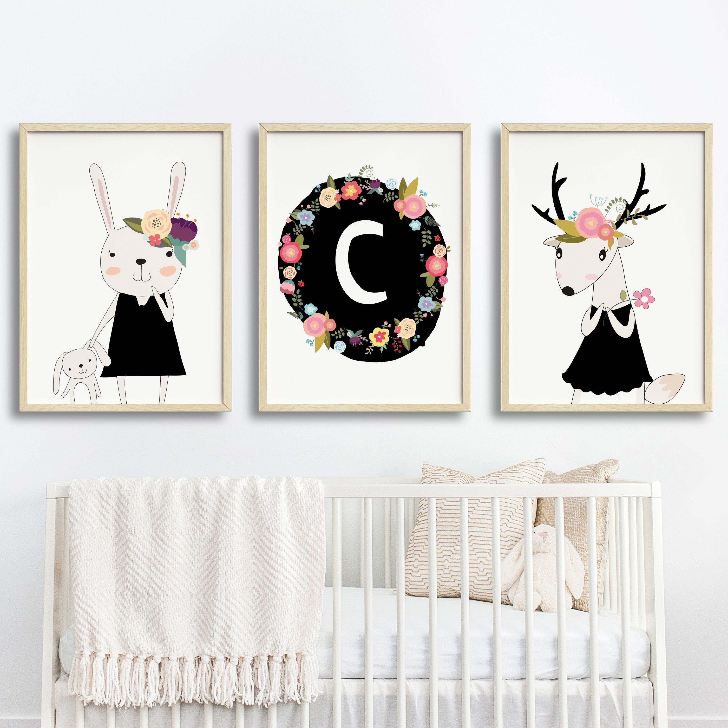 Girls Nursery or Bedroom Prints- Floral Woodland Bunny, Deer ...